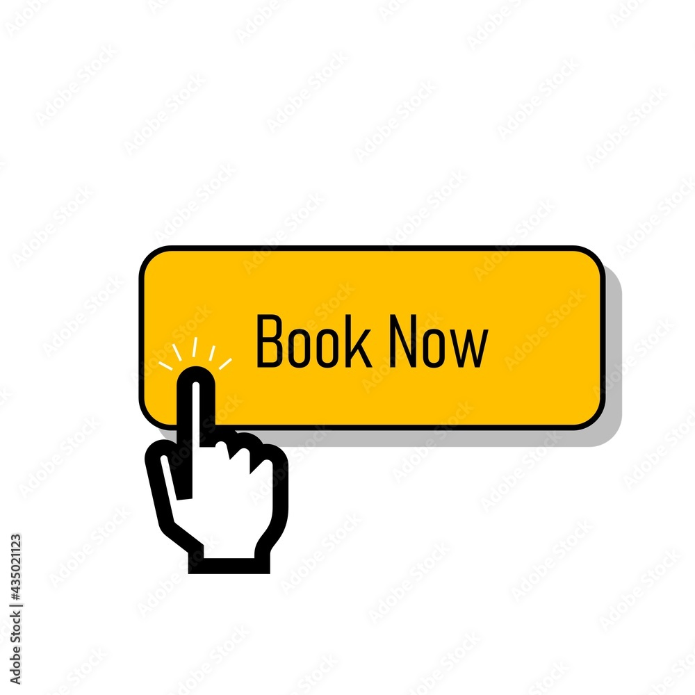 Forefinger press on yellow Book Now button. Flat minimal cpc logotype ...