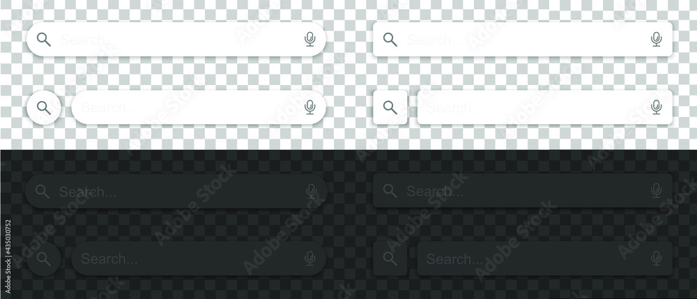 Set of search bar with falling shadow on dark and white transparent ...