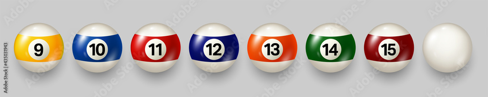 Colorful billiard, pool balls with numbers on gray background ...