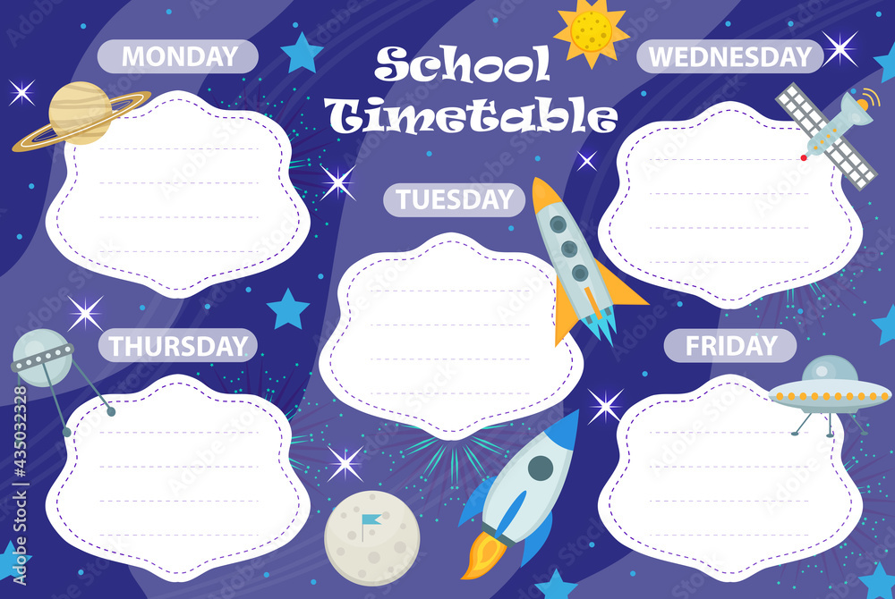 Weekly school timetable template with cute design elements. Weekday ...
