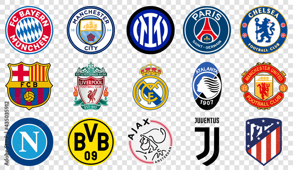 Vinnytsia, Ukraine - May 19, 2021 European football clubs logo isolated on transparent ...