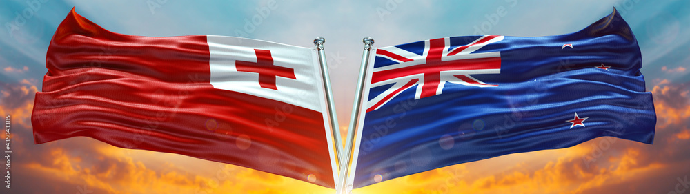 Tonga Flag and New Zealand flag waving with texture sky Cloud and ...
