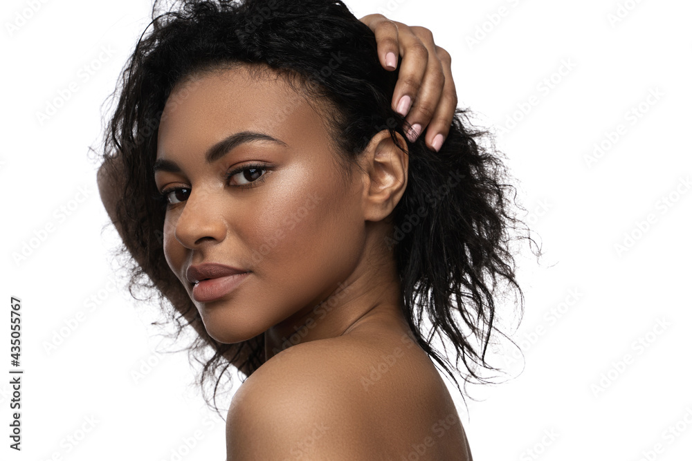 Beautiful black woman with smooth skin on white background Stock Photo ...