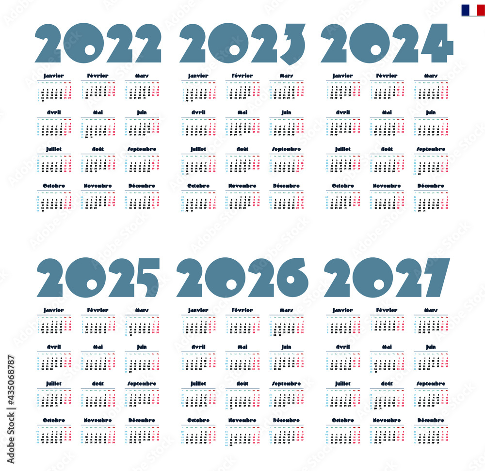French Calendar for 2022, 2023, 2024, 2025, 2026, 2027. Week starts on ...
