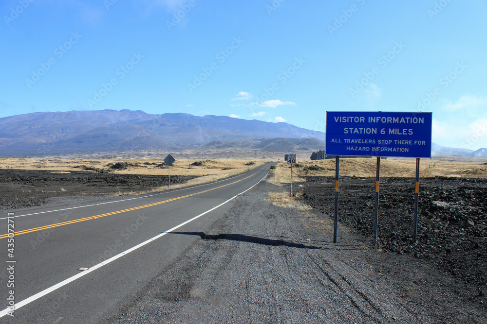 Road sign along Saddle Road announcing visitor information station on ...