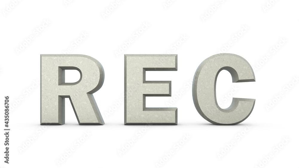 Plantin metallic 3D text "REC" on white background with shadow at the ...