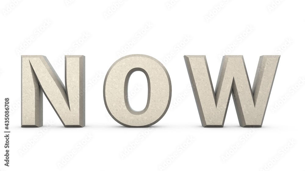 Plantin metallic 3D text "NOW" on white background with shadow at the ...