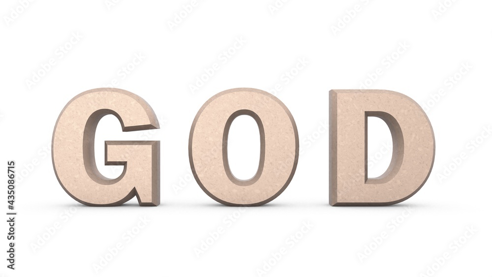 Plantin metallic 3D text "GOD" on white background with shadow at the ...