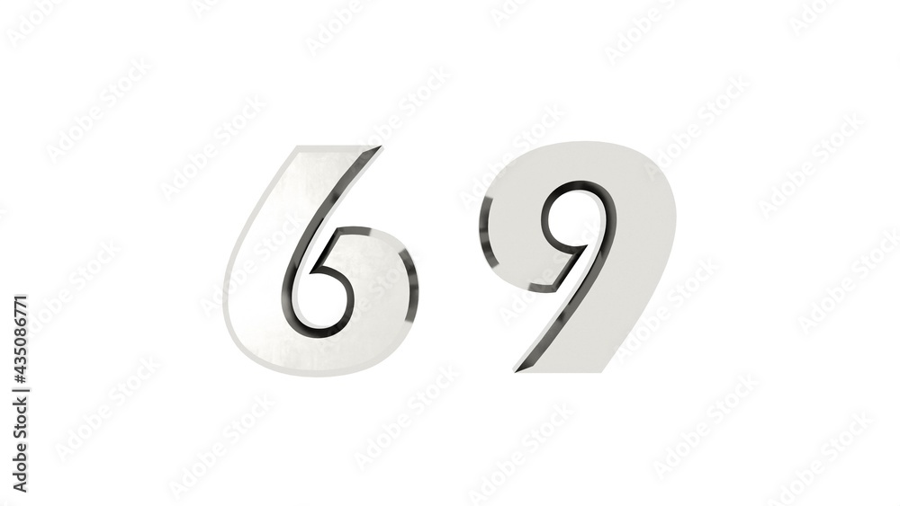 Silver metallic 3D text "69" on a white background. Rendering an image ...