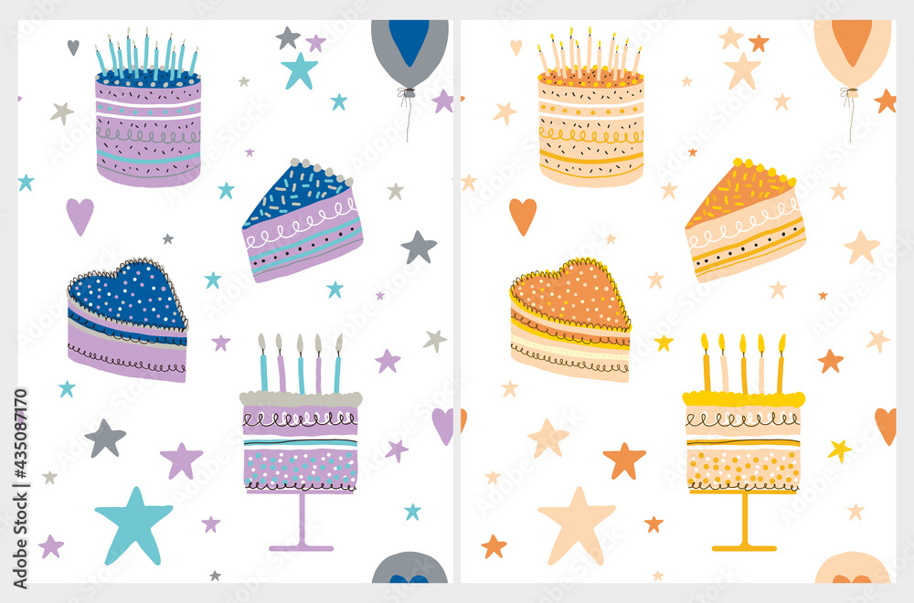 Cute Birthday Party Vector Patterns. Hand Drawn Yellow and Blue ...