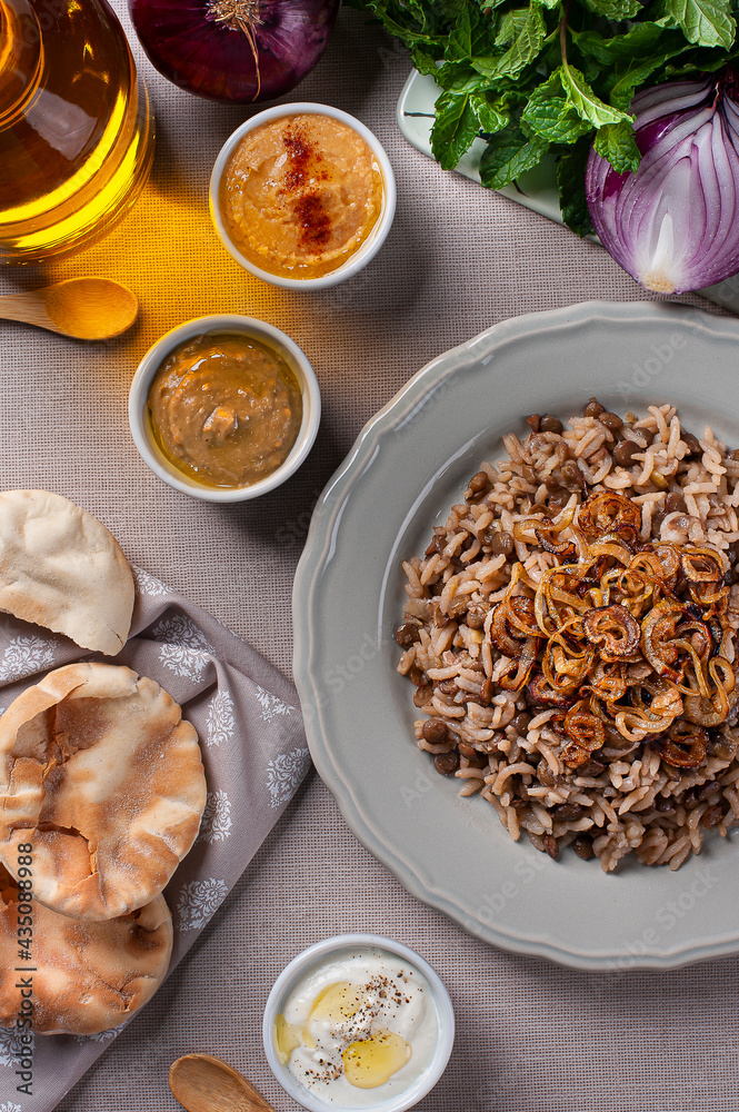 Mujaddara. Rice with lentil a vegetarian dish of Arabic cuisine. Top ...