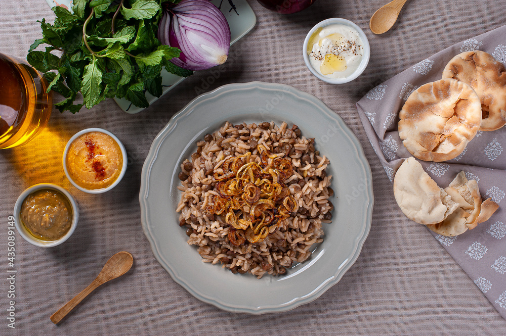 Mujaddara. Rice with lentil a vegetarian dish of Arabic cuisine. Top ...