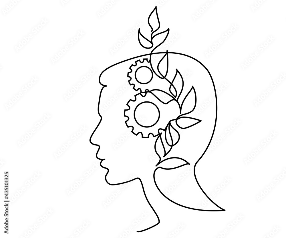 Human head with plant and gears. One line drawing Stock Vector | Adobe ...