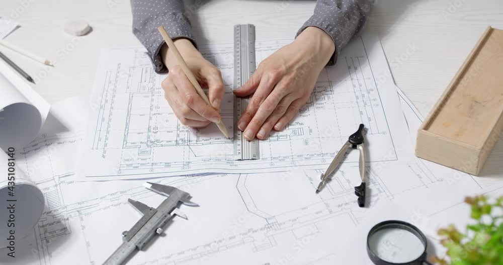 The hands of a professional architect draw a sketch of the design ...