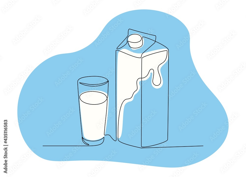 One line drawing of glass of milk and milk package. Mono line milk in ...