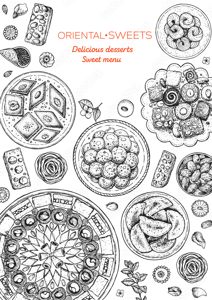 Oriental sweets vector illustration. Middle eastern food, hand drawn ...