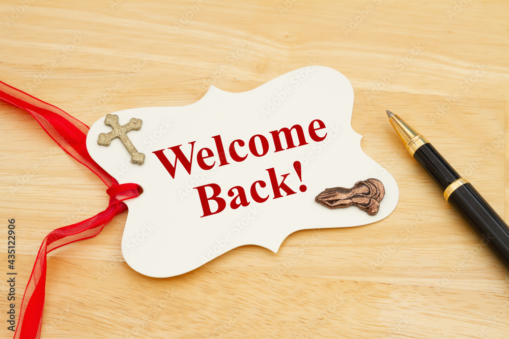 Welcome Back message gift tag with yellow ribbon praying hands, cross ...