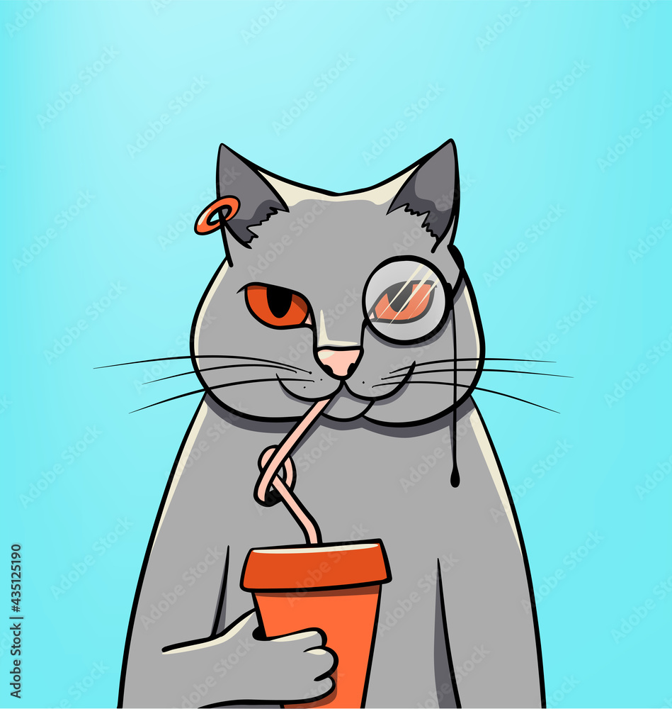 Cartoon cat sipping a drink in portrait Stock Vector | Adobe Stock