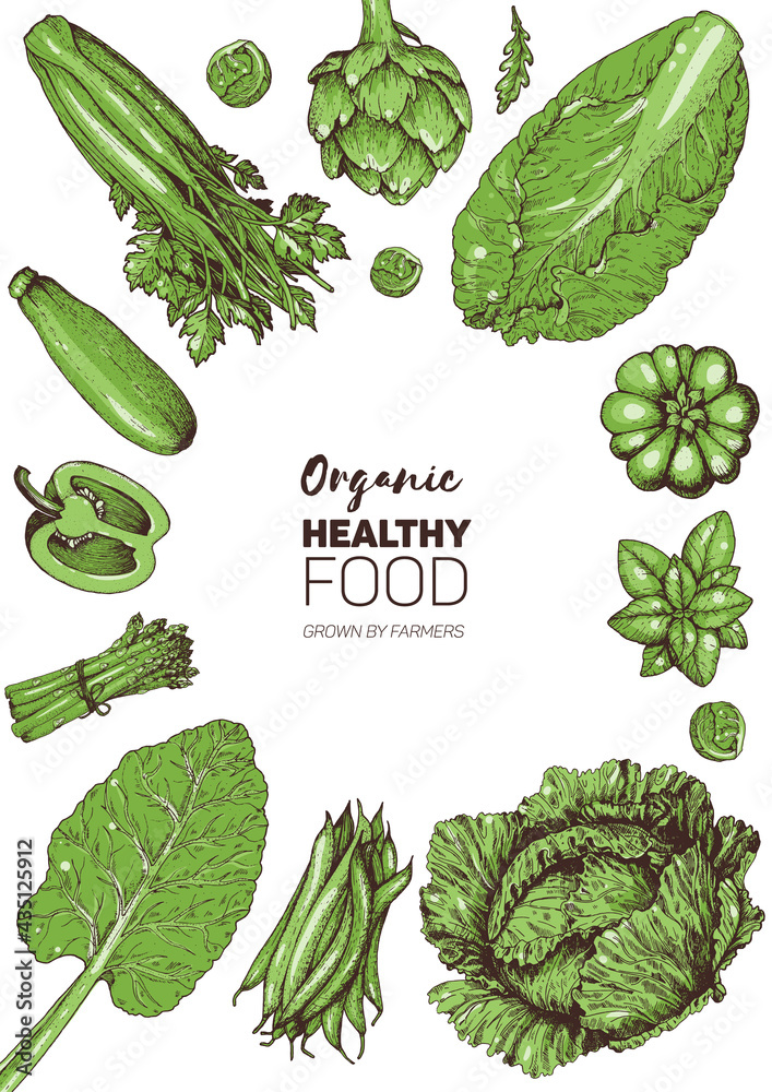 Vegetables top view frame. Farmers market menu design template. Organic ...