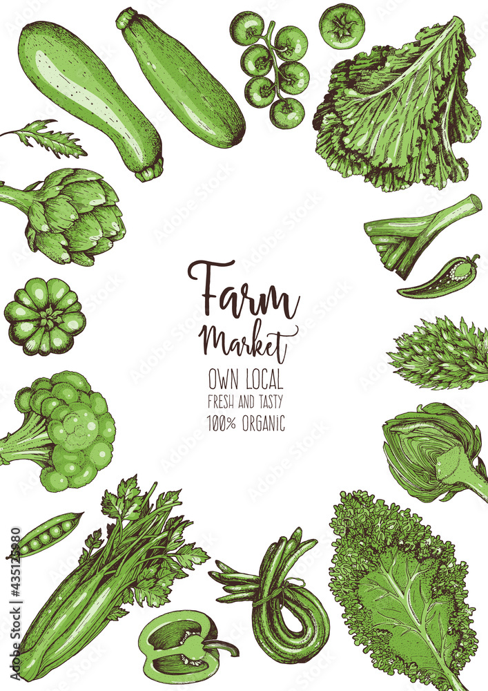 Vegetables top view frame. Farmers market menu design template. Organic ...