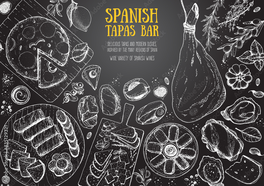 Spanish cuisine top view frame. A set of spanish dishes with hamon ...