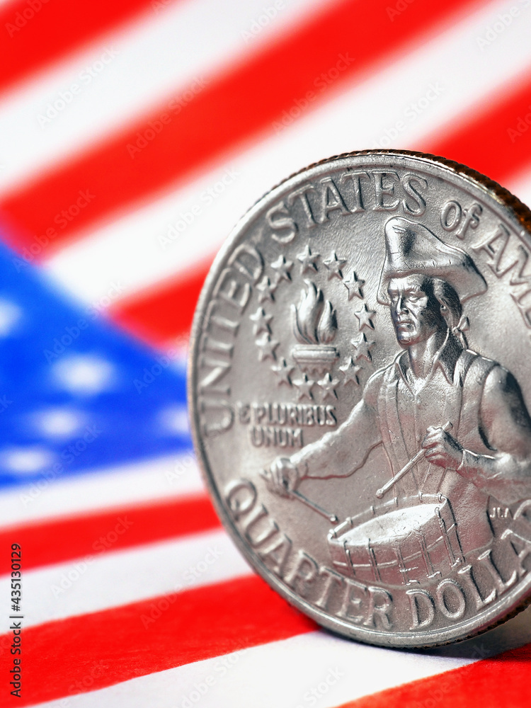 US quarter dollar coin with drummer close-up and USA flag. Stars and ...