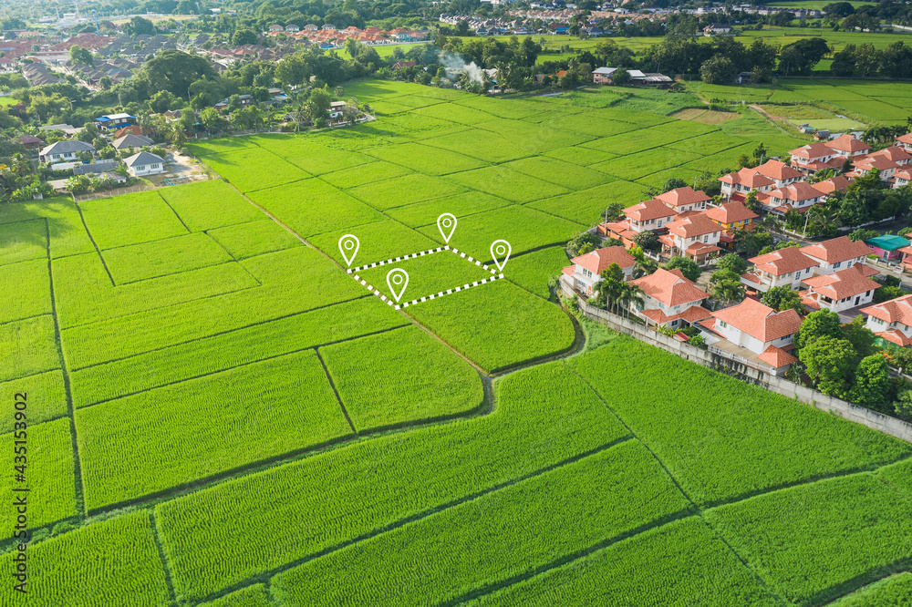 Land plot in aerial view. Gps registration survey of property, real ...