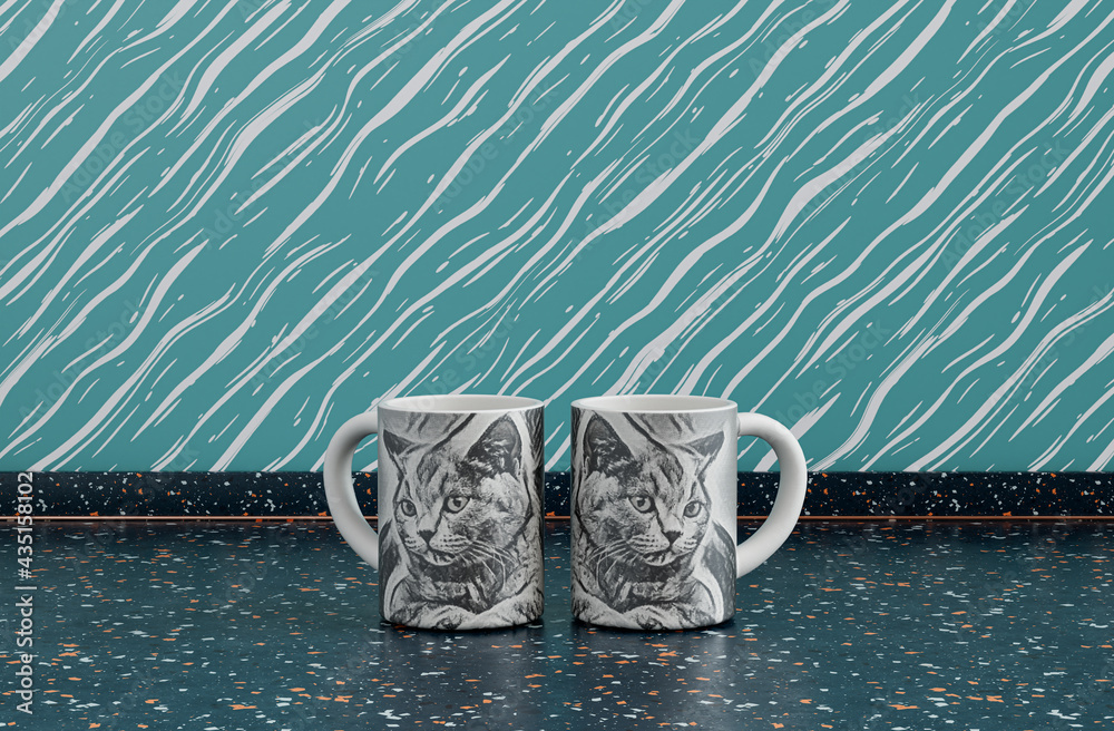 Two coffee cups with cat picture side by side on a front view kitchen ...