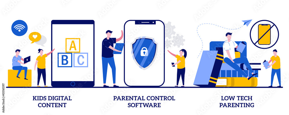 Vetor de Kids digital content, parental control software, low tech ...