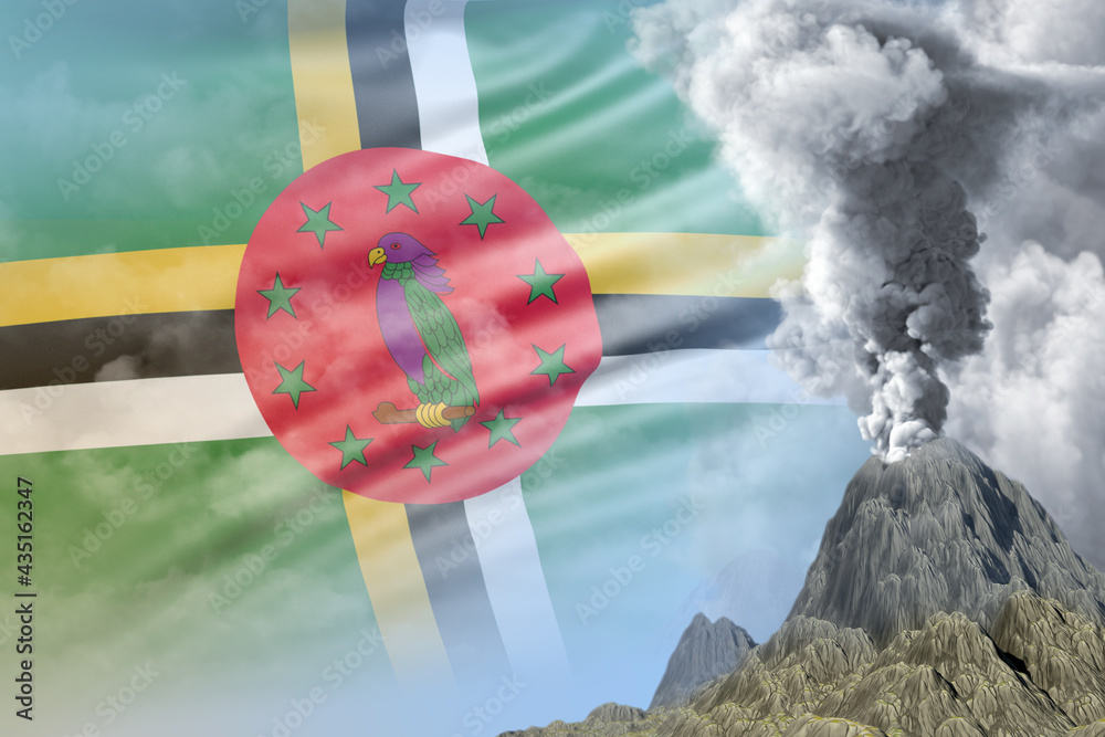 volcano blast eruption at day time with white smoke on Dominica flag ...