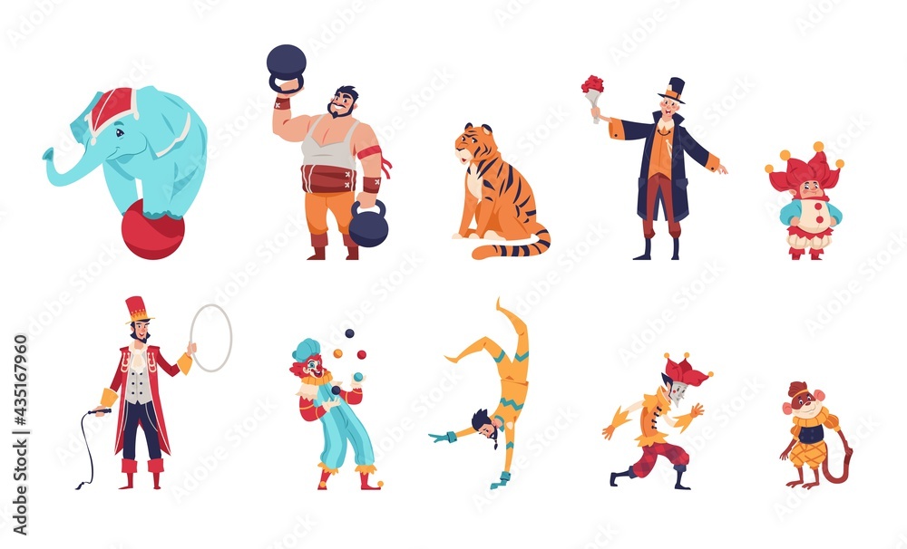 Circus characters. Cartoon clowns. Juggler throws balls. Acrobat and ...