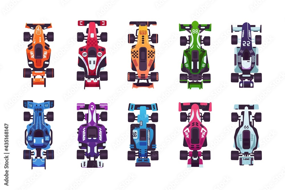 Cartoon race cars. Colorful sport racing championship fast machines ...