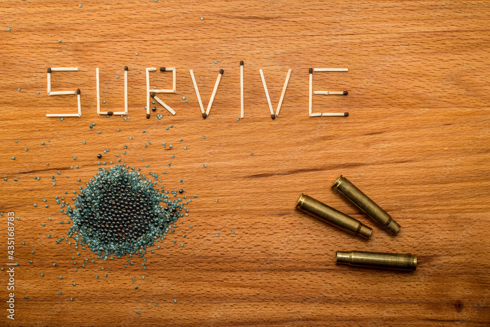 Matches and a pinch of powder with rifle shot and empty shells on ...