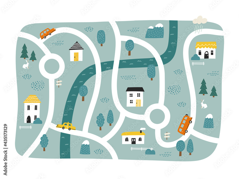 Cute town map for kid's room. Hand drawn vector illustration of a city ...