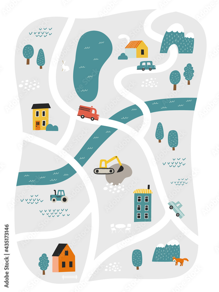 Cute town map for kid's room. Hand drawn vector illustration of a city ...