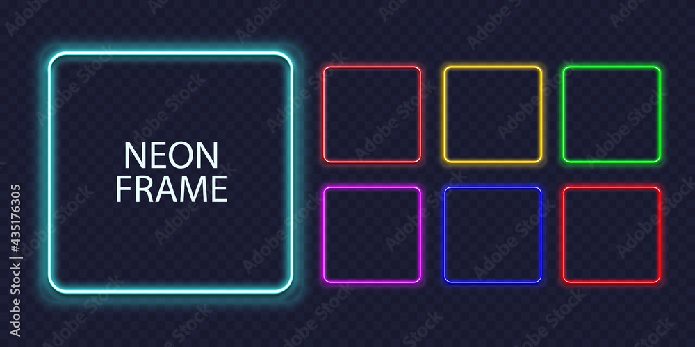 Square neon frames. Fluorescent outline border. Realistic vector led ...