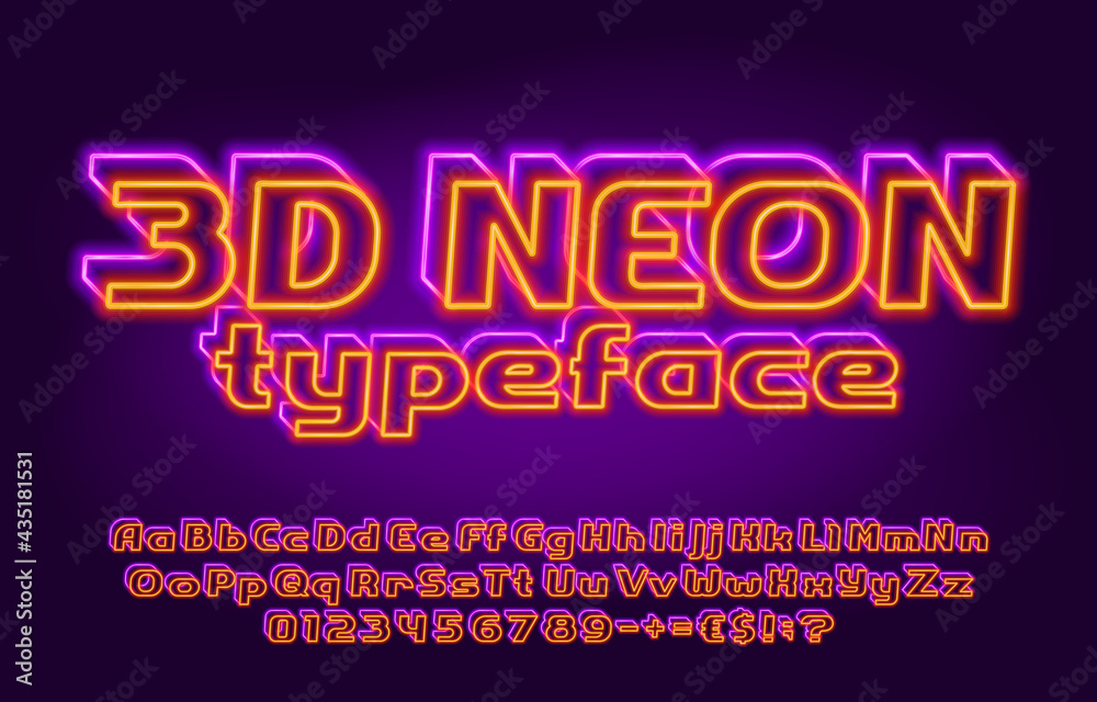 3D Neon alphabet font. Neon light bold letters, numbers and punctuation ...