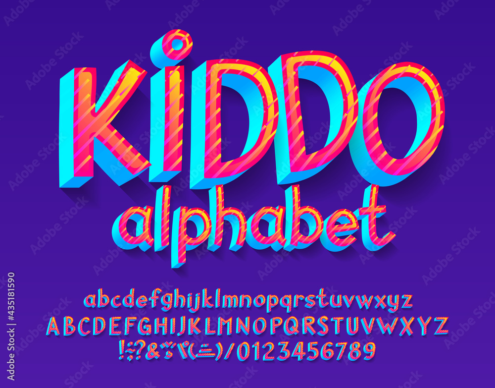 Kiddo alphabet font. 3D bright uppercase and lowercase letters, numbers ...