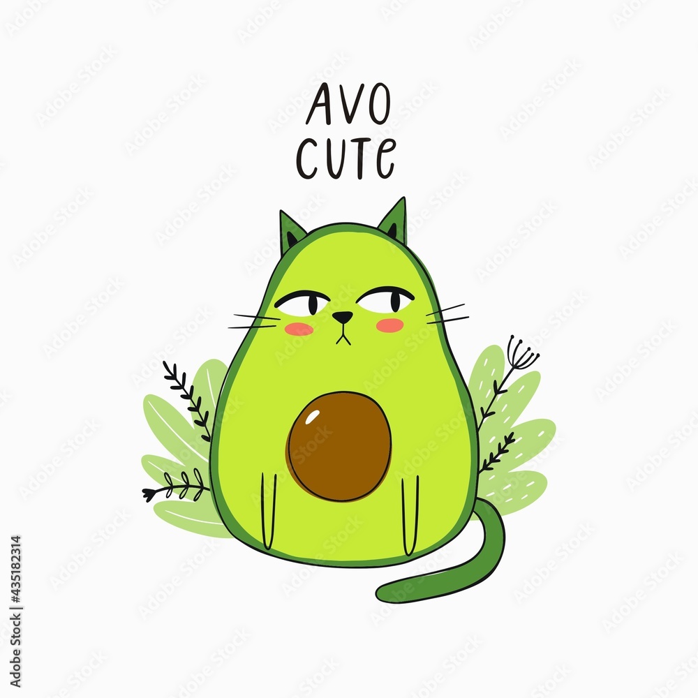 Cartoon vector print with avocado cat. Vector illustration with avocado ...