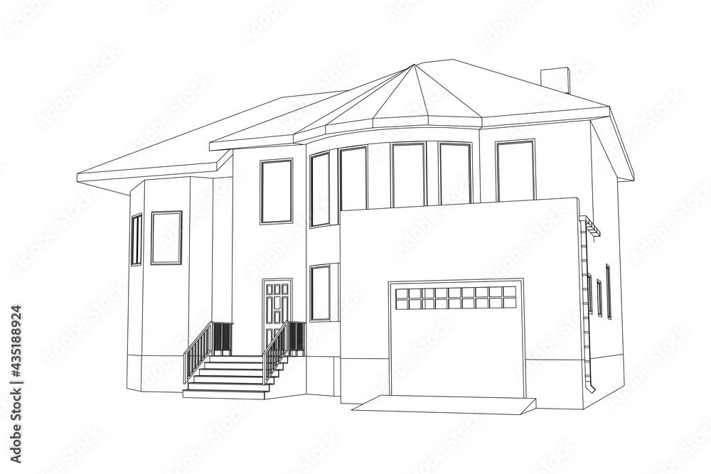 Modern building perspective 3D. Drawing of the suburban house. Outlines ...