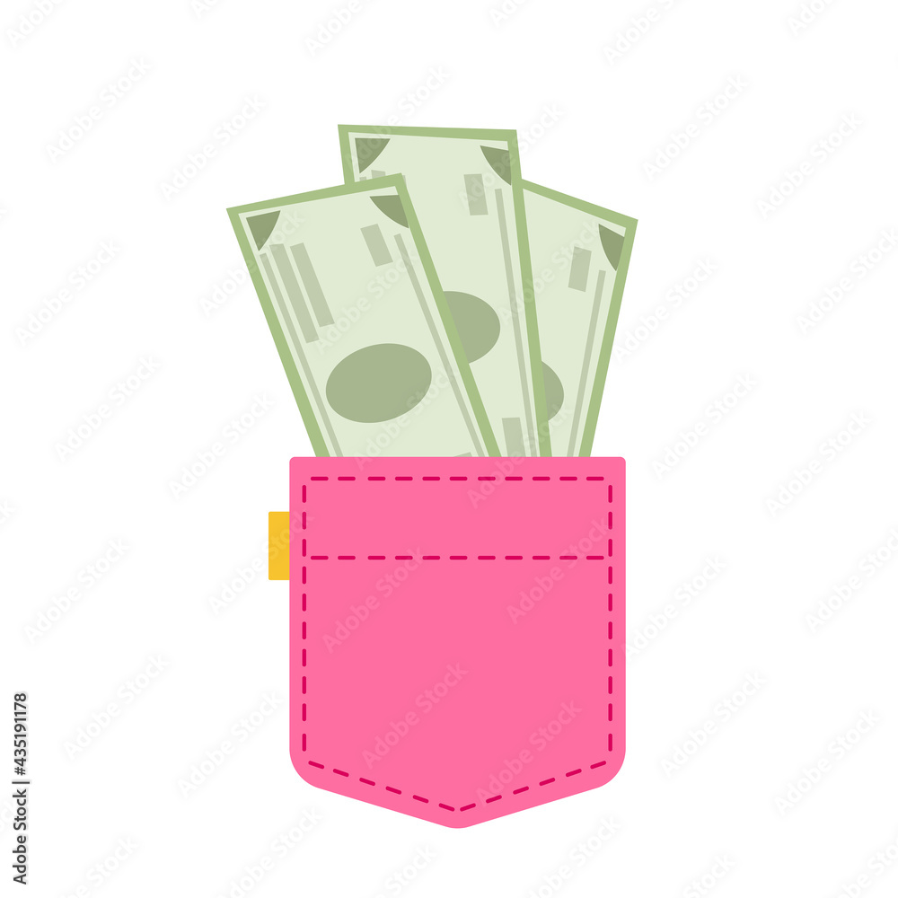 Money dollars in a pink pocket. Vector illustration in cartoon children ...