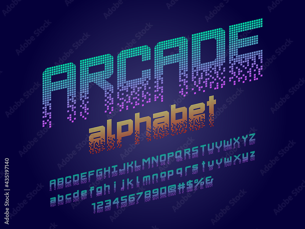8 bit pixel style alphabet design with uppercase, lowercase, numbers ...