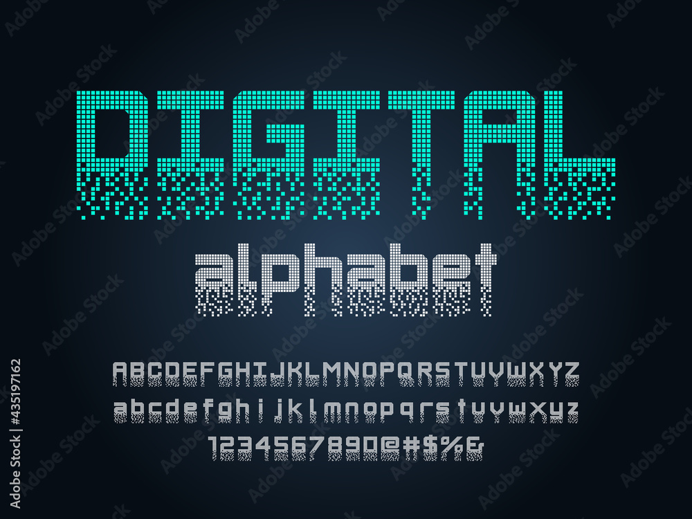8 bit pixel style alphabet design with uppercase, lowercase, numbers ...