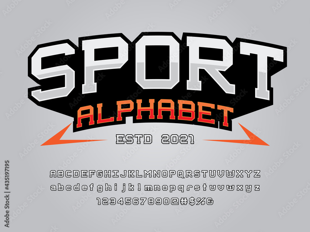 sports style alphabet design with uppercase, lowercase, numbers and ...