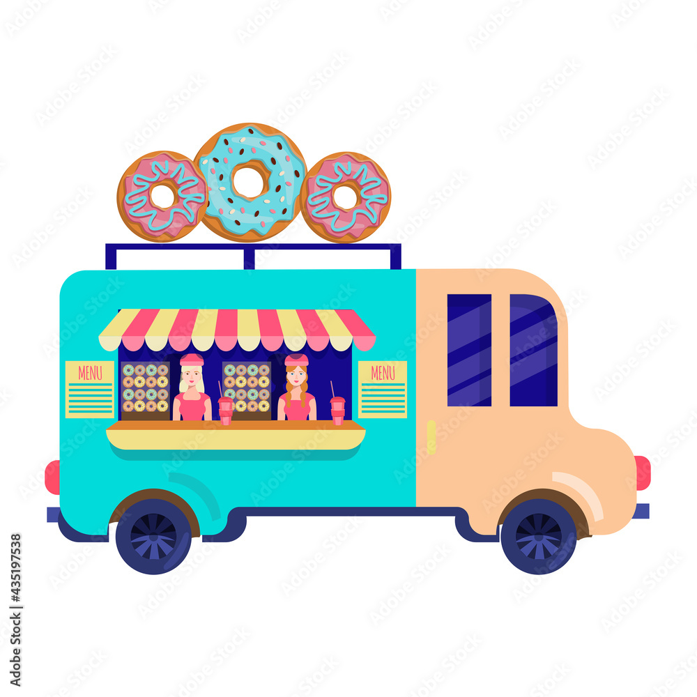 Street truck concept with delicious donuts isolated on a white ...