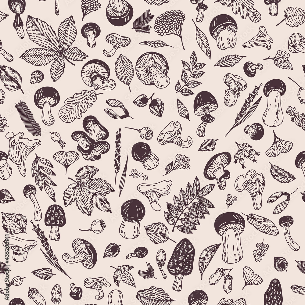 Fall forest berries, flower, branches, leaves are hand-draw, doodle ...