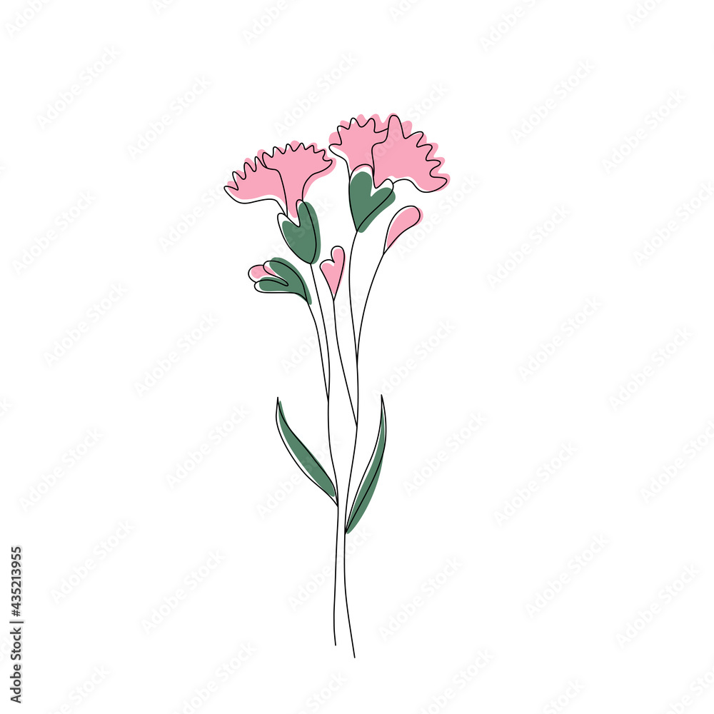 Minimalist modern pink carnation flower, line art with colorful ...