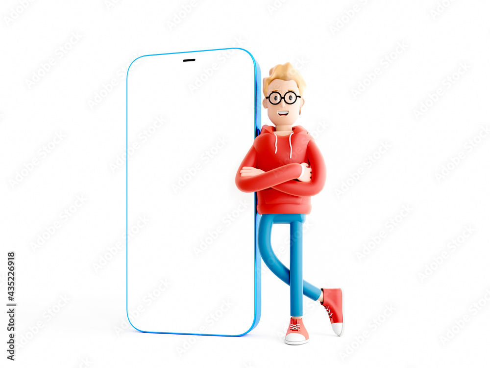 Cartoon character standing next to a large phone with blak screen. 3d ...
