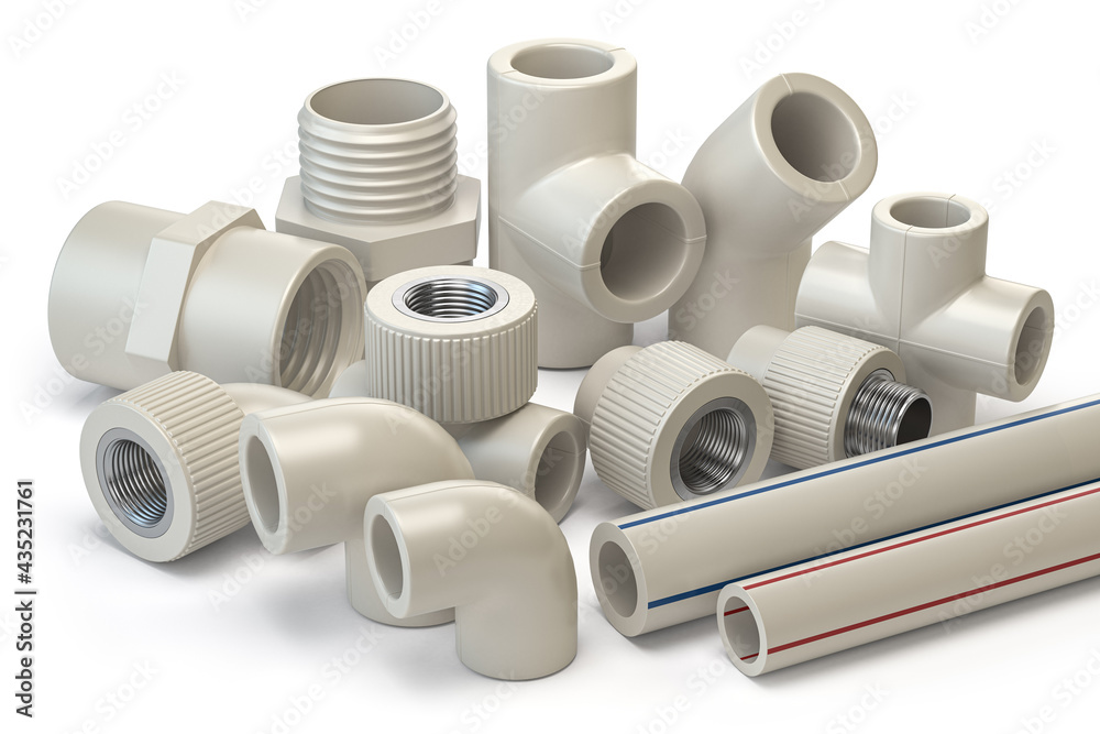 Set of PVC pipe fittings isolated on white. Stock Illustration | Adobe ...