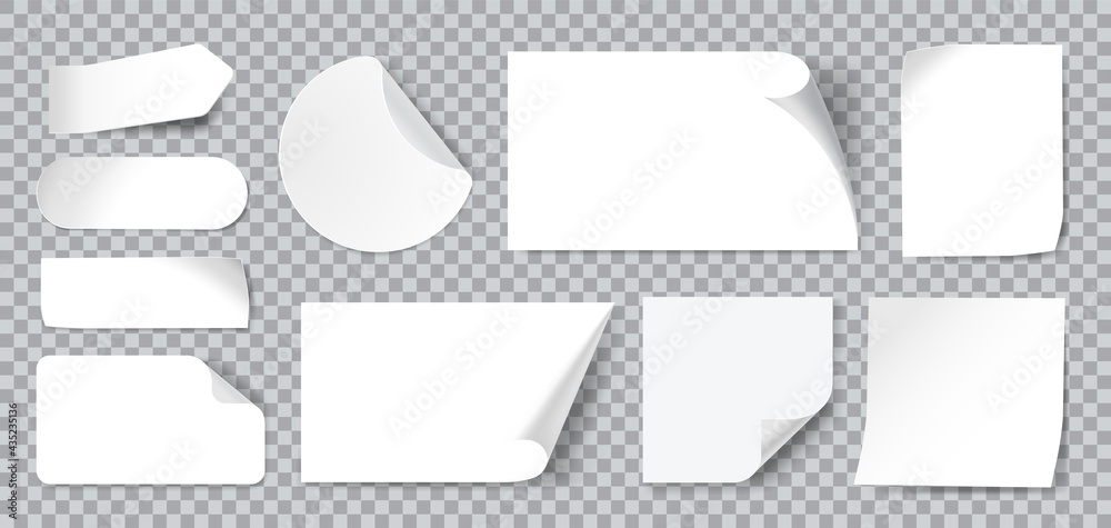 White stickers. Blank adhesive sticker with folded or curled corners ...